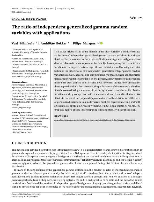 (PDF) The Ratio of Independent Generalized Gamma Random Variables with ...