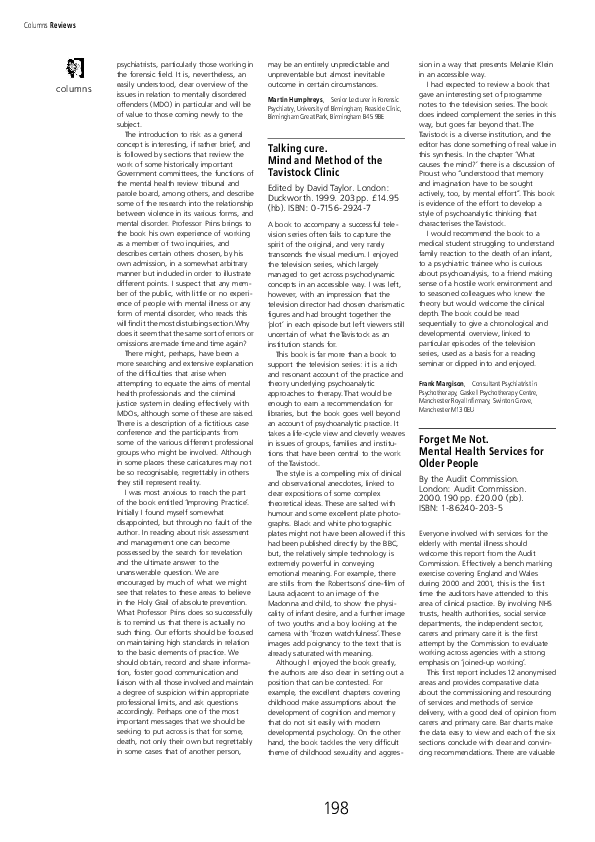 (PDF) Talking cure: mind and method of the Tavistock Clinic | Frank ...