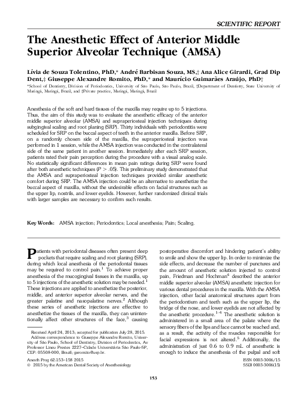 (PDF) The Anesthetic Effect of Anterior Middle Superior Alveolar ...