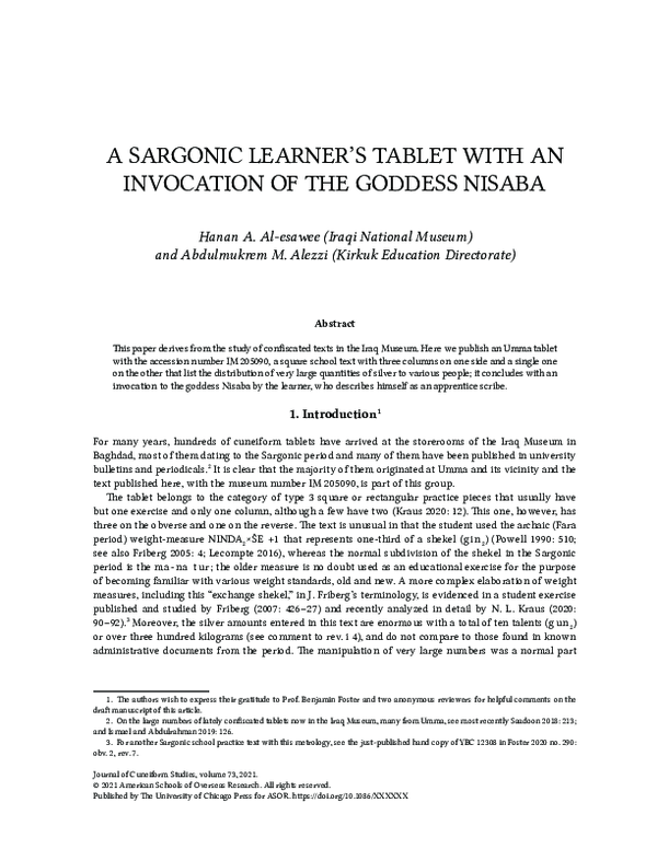 (PDF) A SARGONIC LEARNER'S TABLET WITH AN INVOCATION OF THE GODDESS NISABA