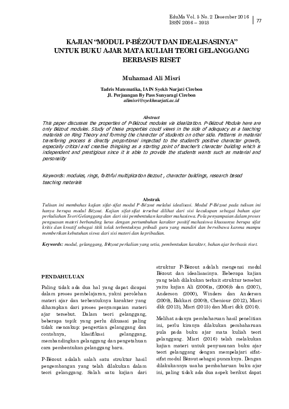 (PDF) KAJIAN MODUL P-Bézout DAN IDEALISASINYA” UNTUK BUKU AJAR TEORI GELANGGANG BERBASIS RISET ...