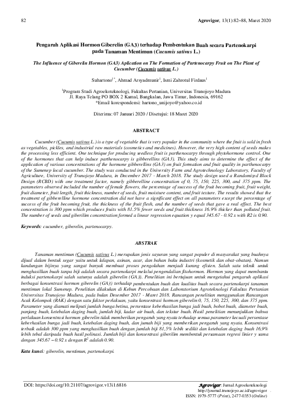 (PDF) Induksi Partenokarpi dengan Ga3 pada Mentimun (Cucumis sativus L ...