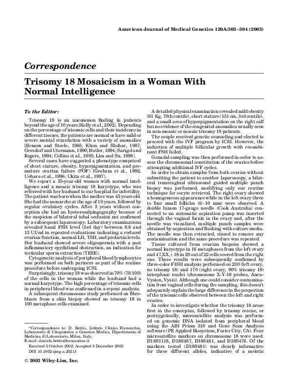 (PDF) Trisomy 18 mosaicism in a woman with normal intelligence