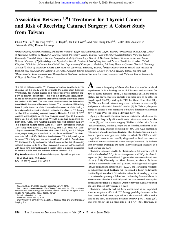 (PDF) Association between 131I treatment for thyroid cancer and risk of ...