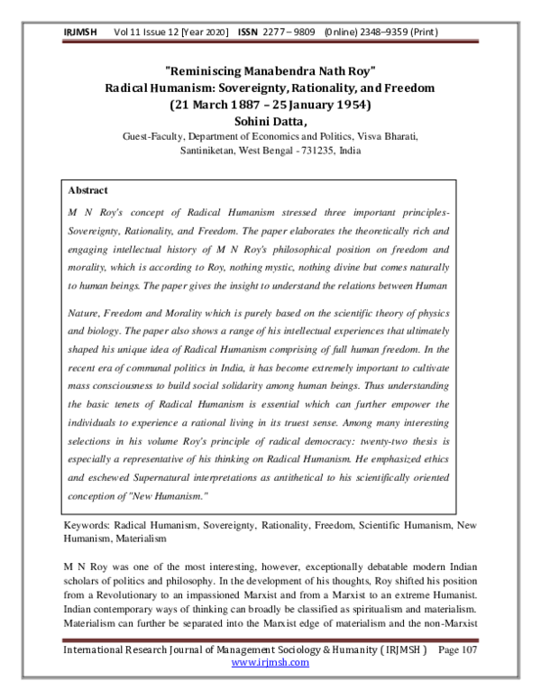 (PDF) "Reminiscing Manabendra Nath Roy" Radical Humanism: Sovereignty ...