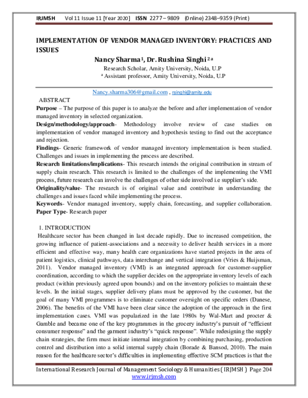 (PDF) IMPLEMENTATION OF VENDOR MANAGED INVENTORY: PRACTICES AND ISSUES