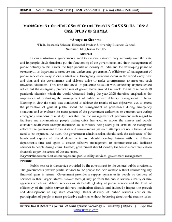(PDF) MANAGEMENT OF PUBLIC SERVICE DELIVERY IN CRISIS SITUATION: A CASE ...