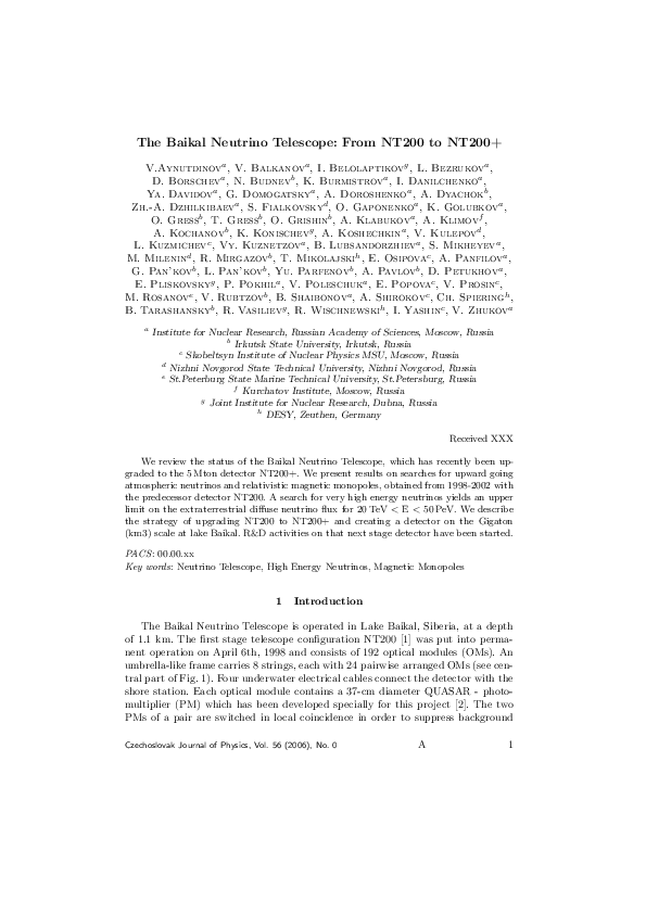 (PDF) The Baikal Neutrino Telescope: From NT200 to NT200+