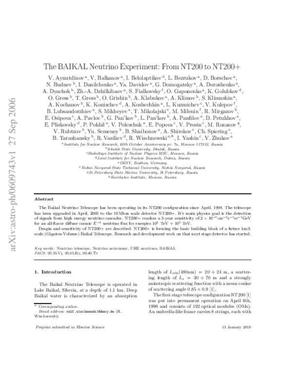 (PDF) The Baikal neutrino experiment: from NT200 to NT200+