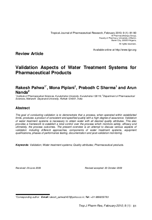 (PDF) Validation Aspects of Water Treatment Systems for Pharmaceutical ...