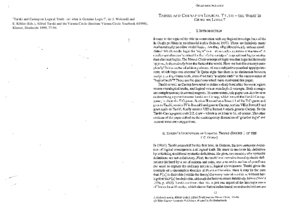 (PDF) 1999: Tarski and Carnap on Logical Truth - or: what is Genuine Logic