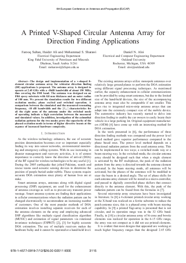 Pdf A Printed V Shaped Circular Antenna Array For Direction Finding Applications