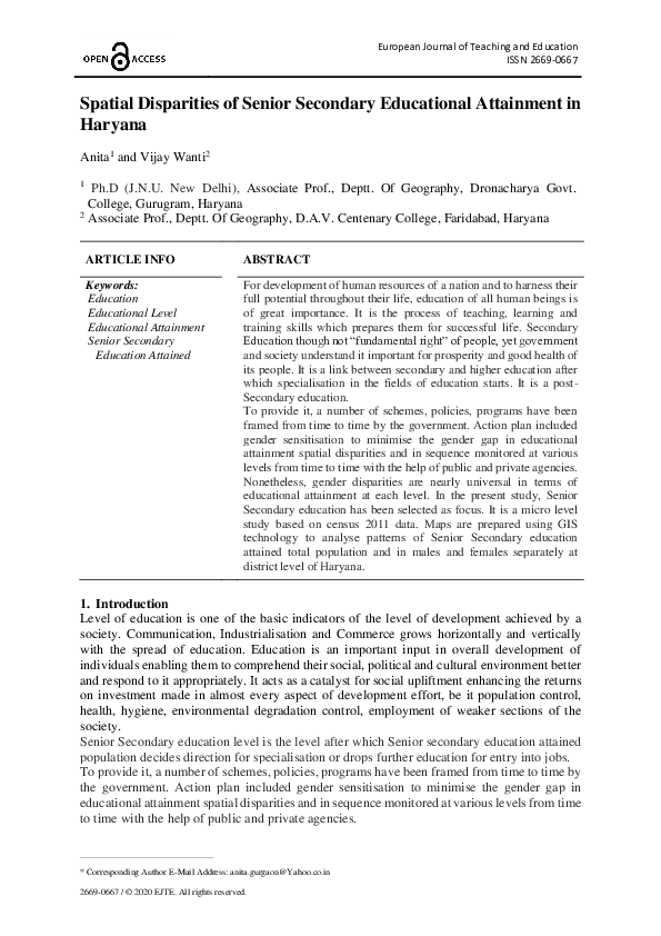 (PDF) Spatial Disparities of Senior Secondary Educational Attainment in Haryana