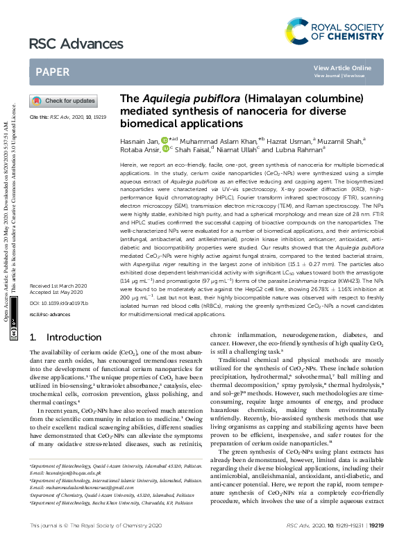 (PDF) The Aquilegia pubiflora (Himalayan columbine) mediated synthesis ...
