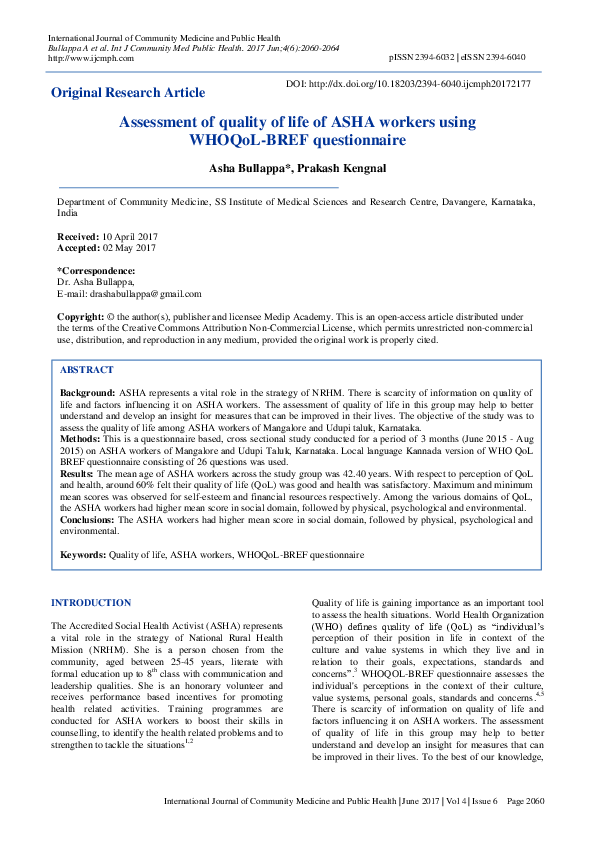 (PDF) Assessment of quality of life of ASHA workers using WHOQoL-BREF ...