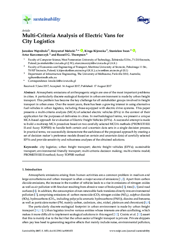 Pdf Multi Criteria Analysis Of Electric Vans For City Logistics
