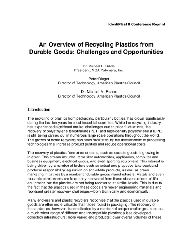 (PDF) An Overview of Recycling Plastics from Durable Goods: Challenges ...
