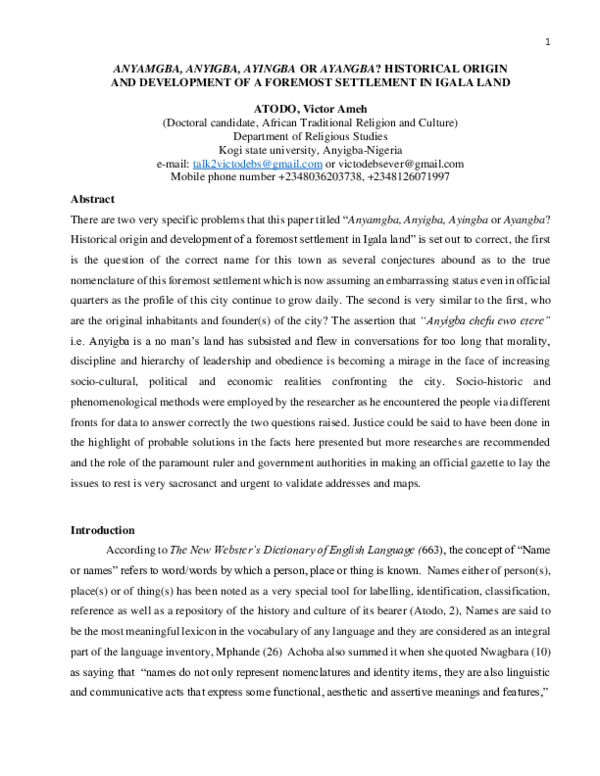 (PDF) ANYAMGBA ANYIGBA AYINGBA OR AYANGBA