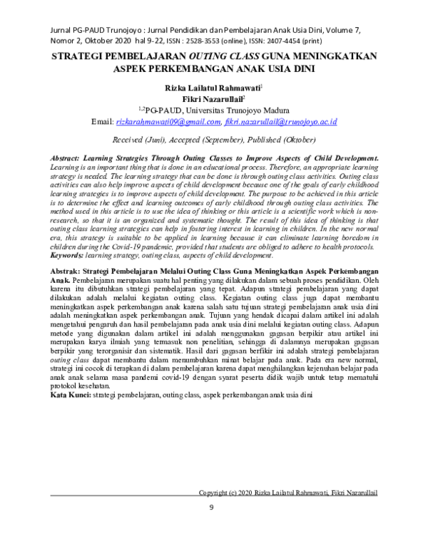 (PDF) Strategi Pembelajaran Outing Class Guna Meningkatkan Aspek Perkembangan Anak Usia Dini