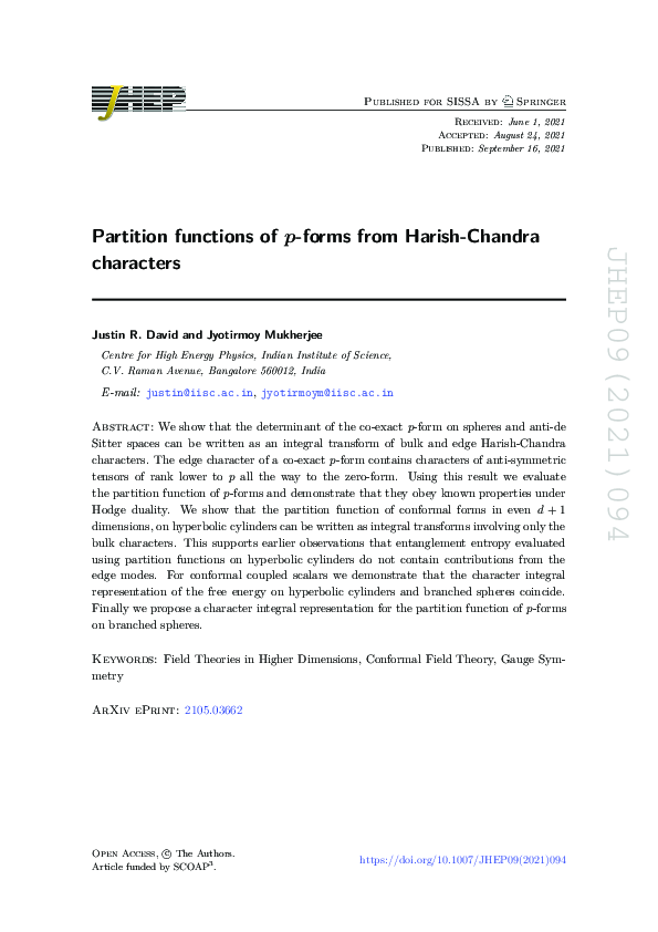(PDF) Partition functions of p-forms from Harish-Chandra characters