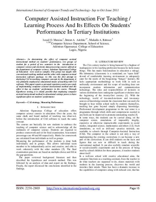 (PDF) Computer Assisted Instruction For Teaching/Learning Process And Its Effects On Students ...
