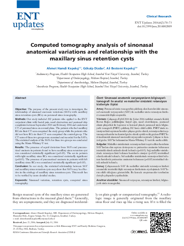 (PDF) Computed tomography analysis of sinonasal anatomical variations and relationship with the ...
