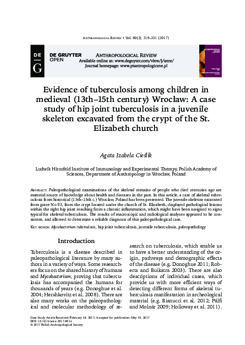(PDF) Evidence of tuberculosis among children in medieval (13th–15th ...