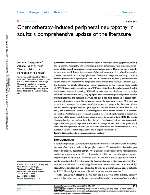 (PDF) Chemotherapy-induced peripheral neuropathy in adults: a comprehensive update of the literature