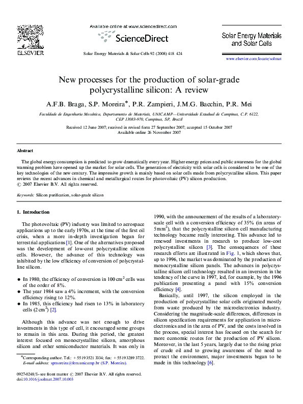 (PDF) New processes for the production of solar-grade polycrystalline ...