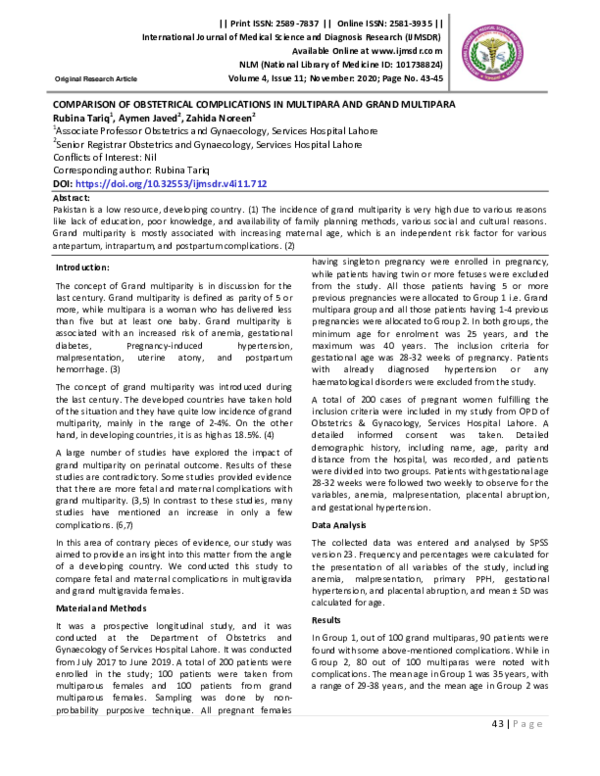 (PDF) Comparison of Obstetrical Complications in Multipara and Grand ...