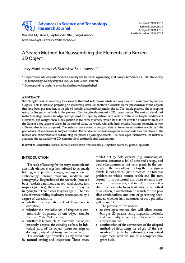 (PDF) A Search Method for Reassembling the Elements of a Broken 2D Object | Jerzy Montusiewicz ...