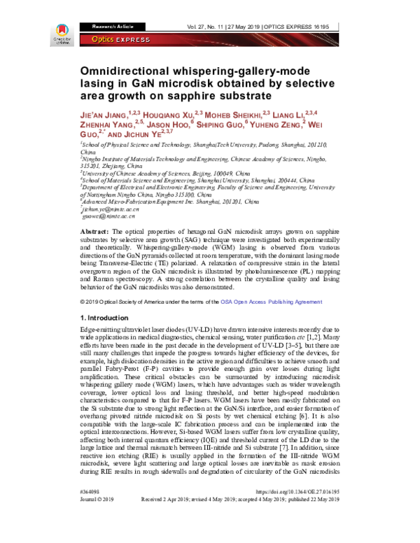 (PDF) Omnidirectional whispering-gallery-mode lasing in GaN microdisk ...