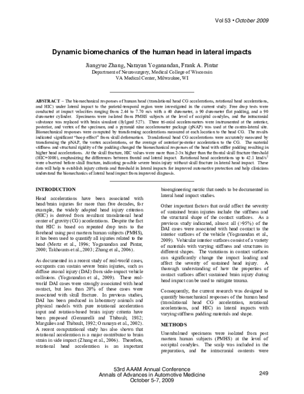 (PDF) Dynamic biomechanics of the human head in lateral impacts