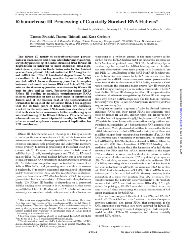 (PDF) Ribonuclease III Processing of Coaxially Stacked RNA Helices