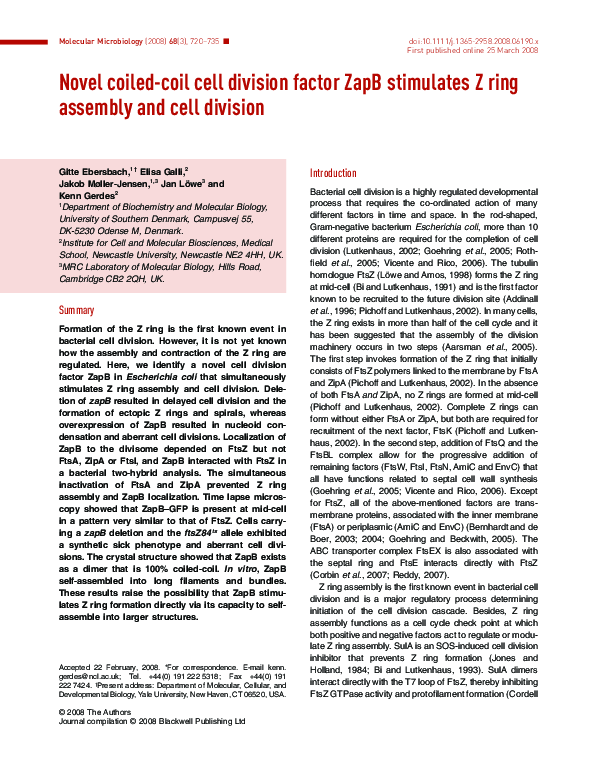 (PDF) Novel coiled-coil cell division factor ZapB stimulates Z ring ...
