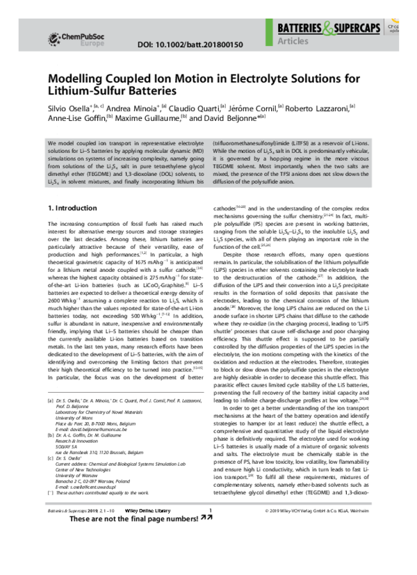 (PDF) Modelling Coupled Ion Motion in Electrolyte Solutions for Lithium-Sulfur Batteries