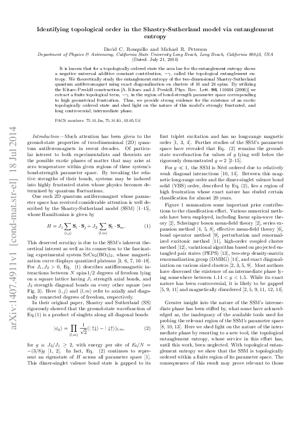 (PDF) Identifying topological order in the Shastry-Sutherland model via ...