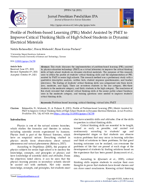 (PDF) Profile of Problem-based Learning (PBL) Model Assisted by PhET to Improve Critical ...