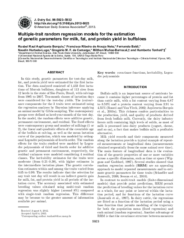 Pdf Multiple Trait Random Regression Models For The Estimation Of