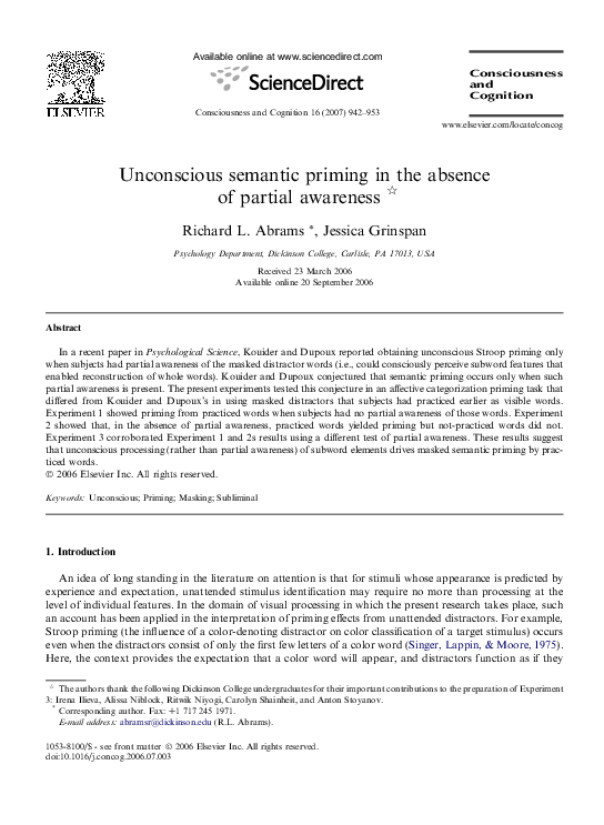 (PDF) Unconscious semantic priming in the absence of partial awareness