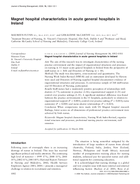 (PDF) Magnet hospital characteristics in acute general hospitals in Ireland
