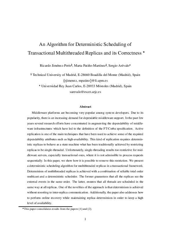 Pdf An Algorithm For Deterministic Scheduling Of Transactional Multithreaded Replicas And Its