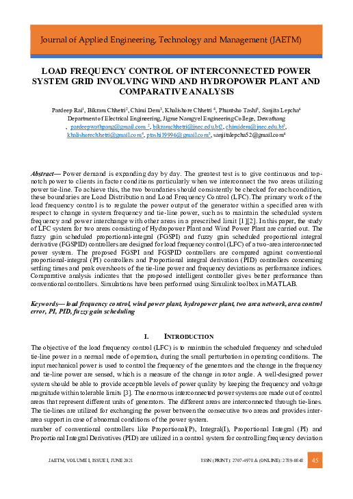 (PDF) Load Frequency Control of Interconnected Power System Grid Involving Wind and Hydropower ...