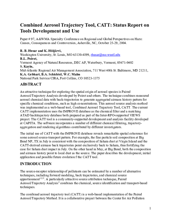 (PDF) Combined Aerosol Trajectory Tool, CATT: Status Report on Tools Development and Use