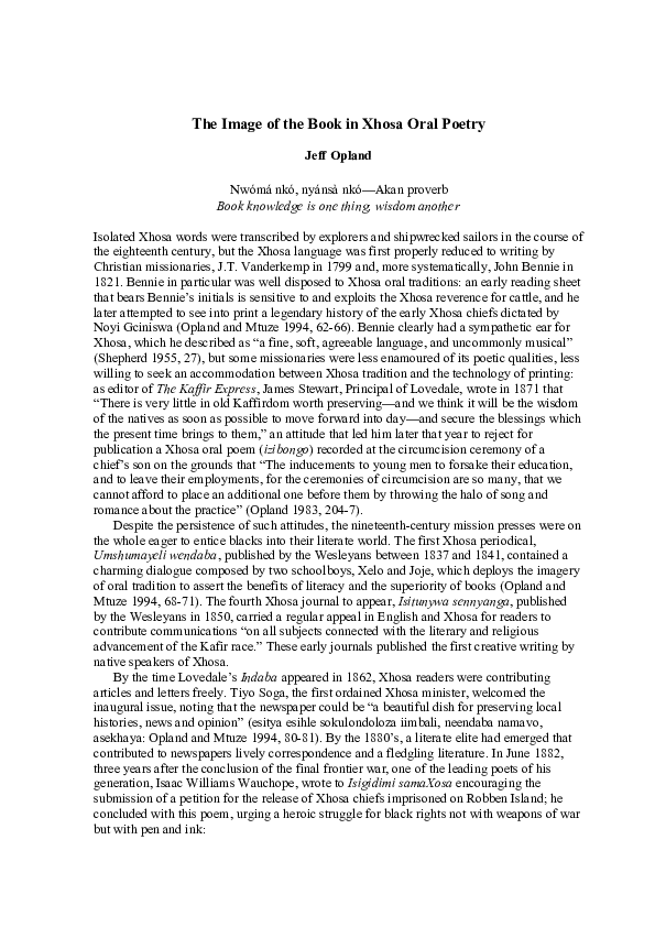 (DOC) The Image of the Book in Xhosa Oral Poetry