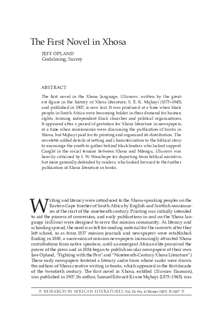 (PDF) The First Novel in Xhosa