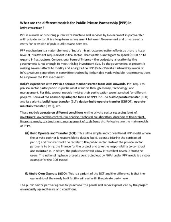 (DOC) Different models for Public Private Partnership (PPP) in ...