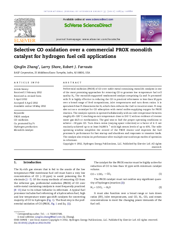 (PDF) Selective CO oxidation over a commercial PROX monolith catalyst ...