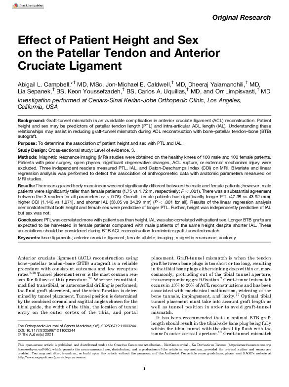 Pdf Effect Of Patient Height And Sex On The Patellar Tendon And Anterior Cruciate Ligament
