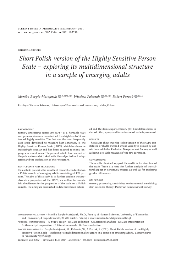 (PDF) Short Polish version of the Highly Sensitive Person Scale ...